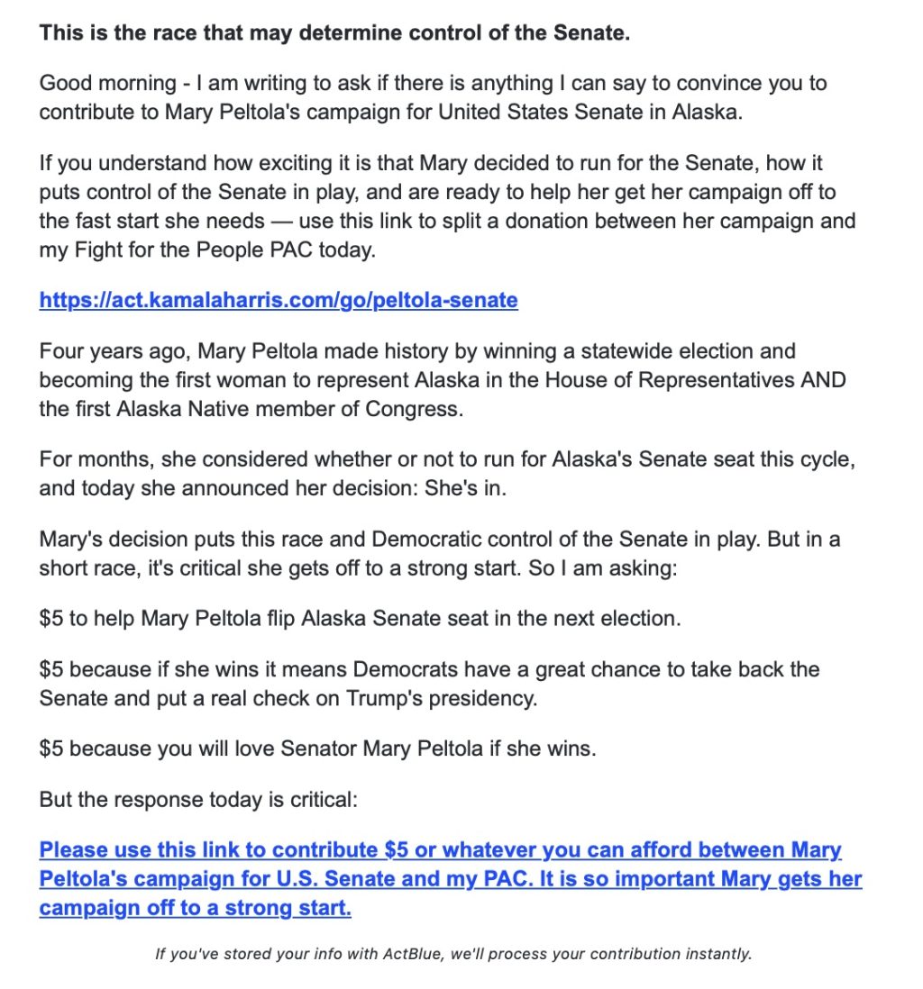 Peltola’s Senate launch stumbles out of gate as Kamala Harris ...