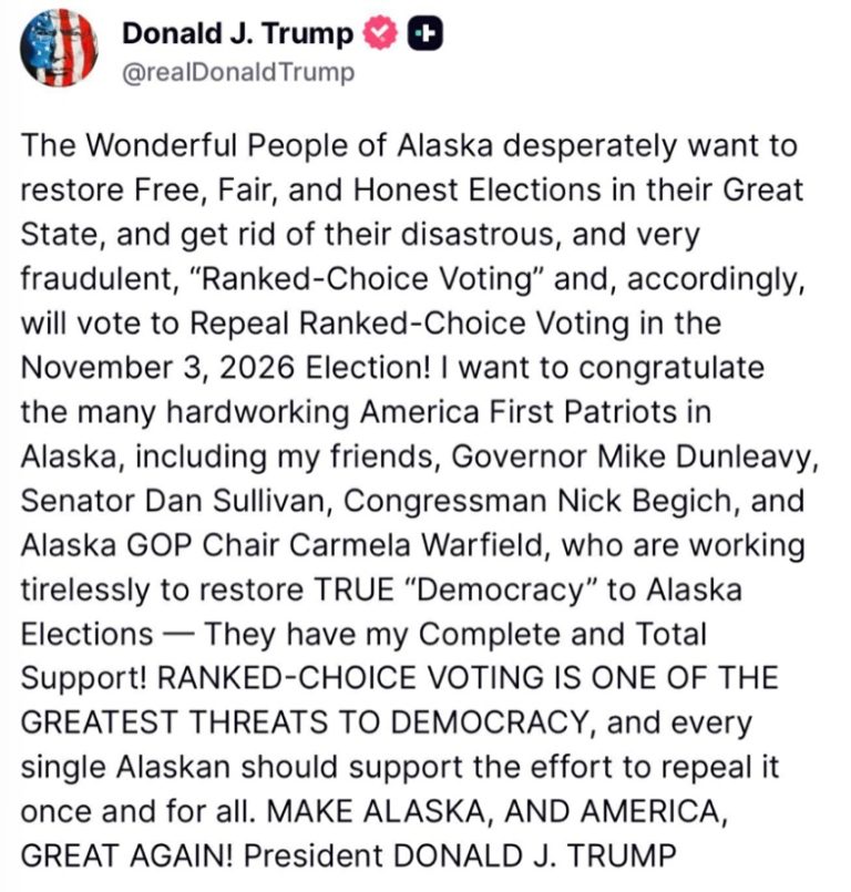 President Trump advocates for repeal of Alaska's ranked-choice voting ...